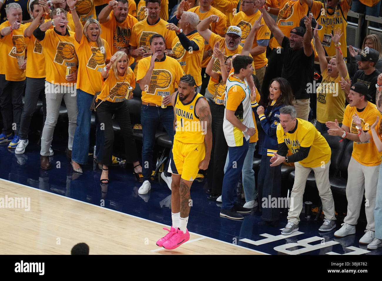 Indiana Pacers forward Obi Toppin celebrates his three pointer against ...