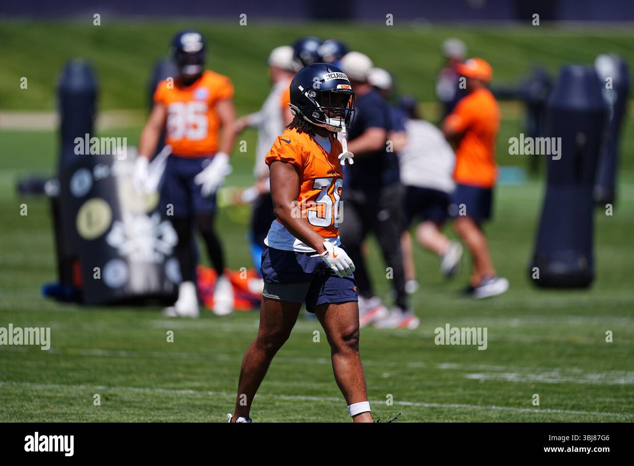 Denver Broncos running back Jaleel McLaughlin (38) takes part in drills ...