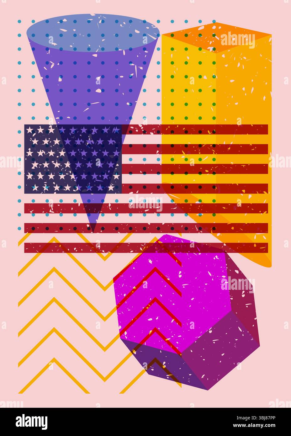 Risograph American Flag with geometric shapes. Objects in trendy riso ...
