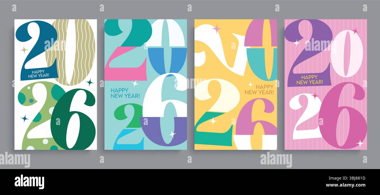 2026 happy new year clipart poster set. Colorful 2026 text, greeting, calligraphy and typography ...