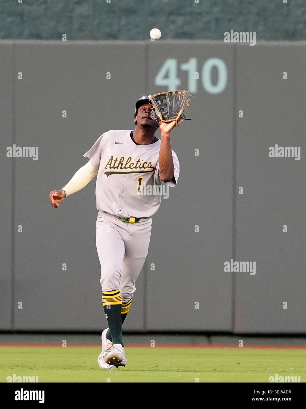 June 13, 2025: Athletics outfielder Denzel Clarke (1) makes a catch for ...