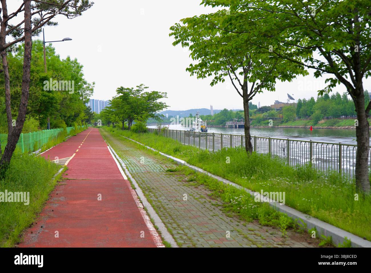 Incheon, South Korea - May 19th 2025: A red asphalt bike path lines the ...