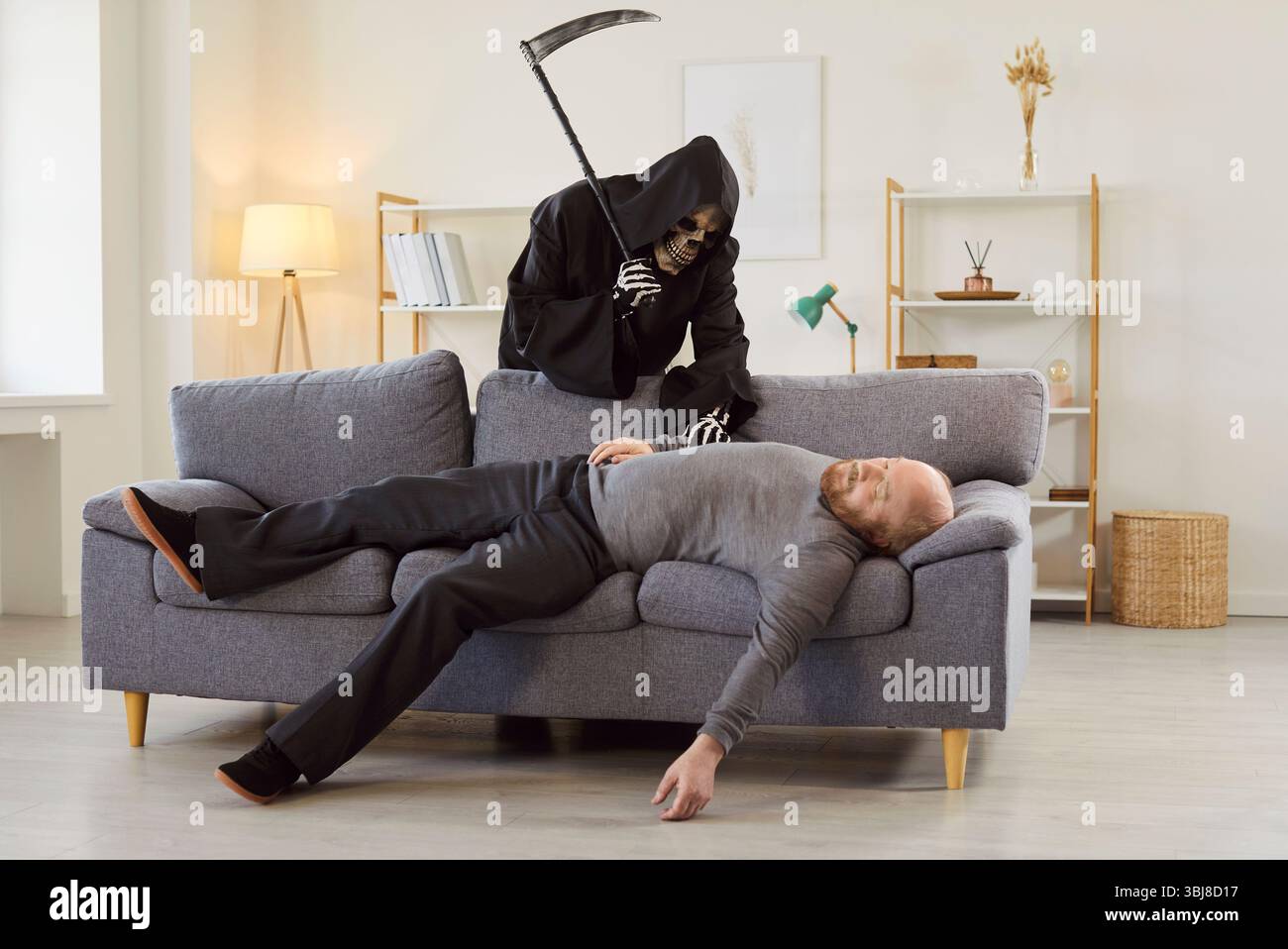 Senior man dying, Grim Reaper of Death with scythe finding new victim ...
