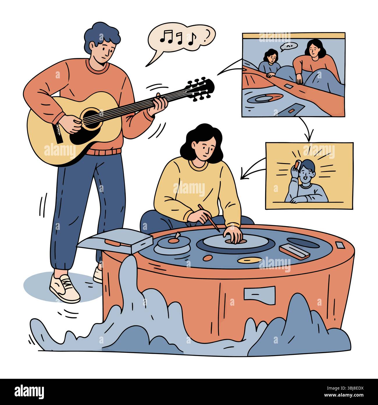 Illustrated scene of a guitarist and DJ creating music together, with ...