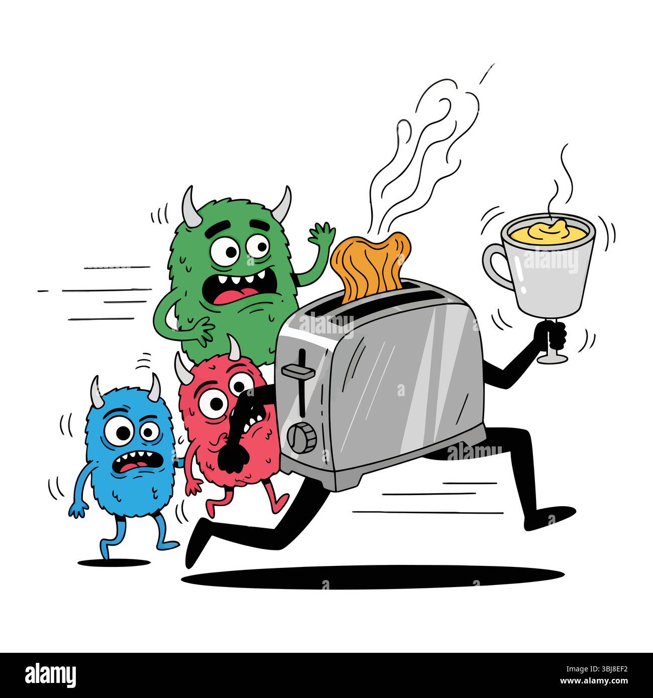 A whimsical illustration depicts a running toaster with legs, pursued ...