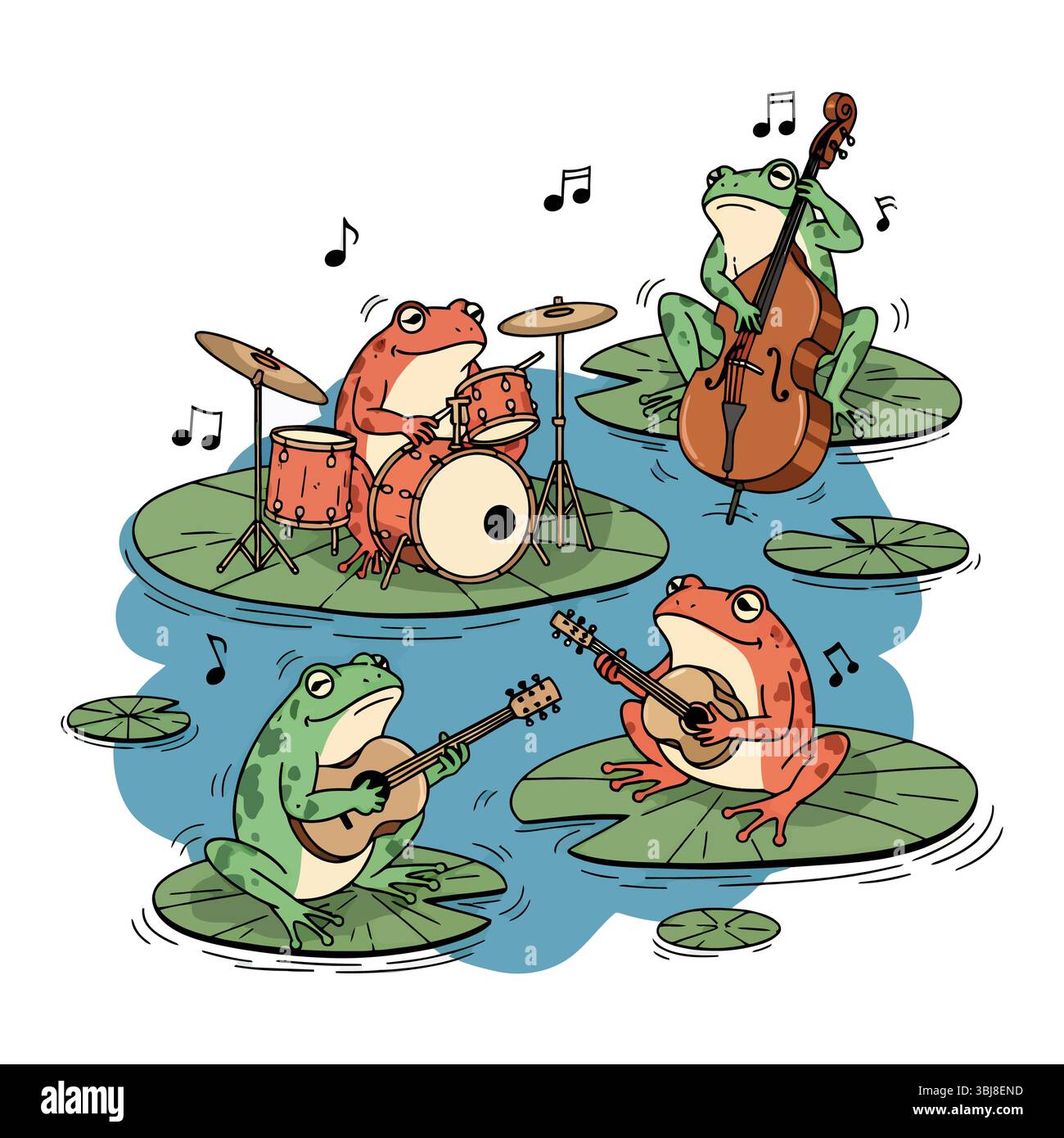 Cartoon frogs playing musical instruments on lily pads in a pond ...