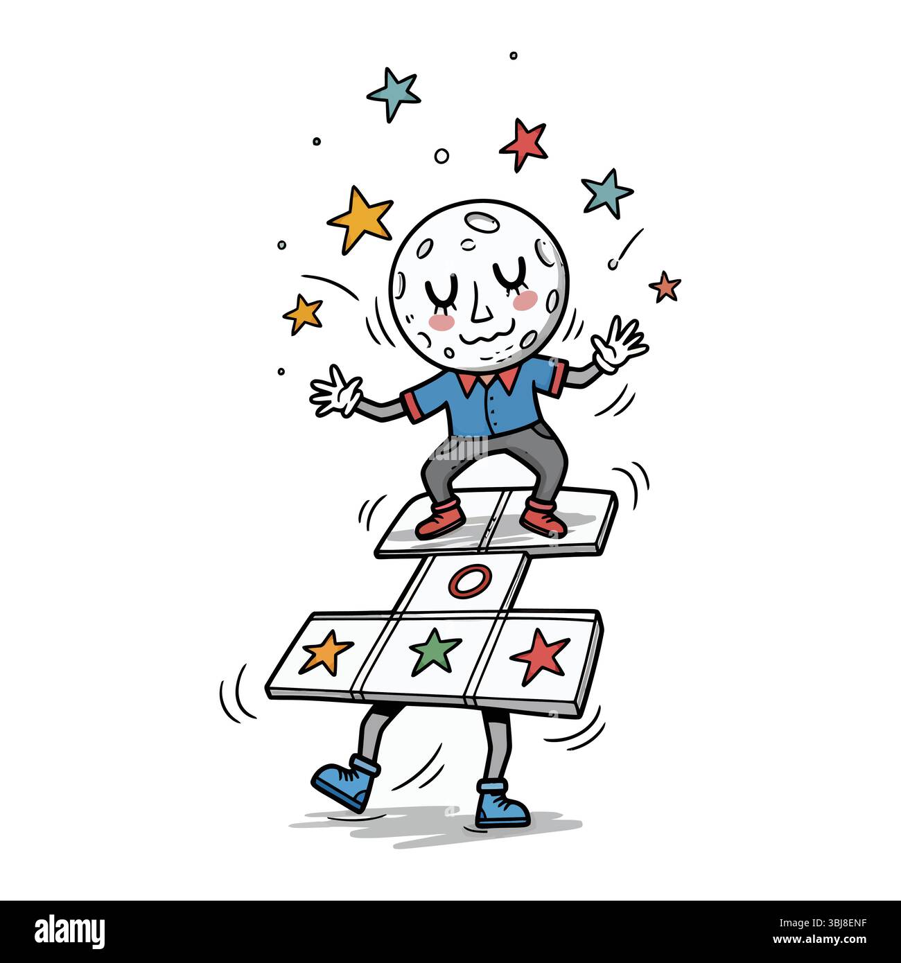 A charming illustration depicts a moon-faced character playing ...