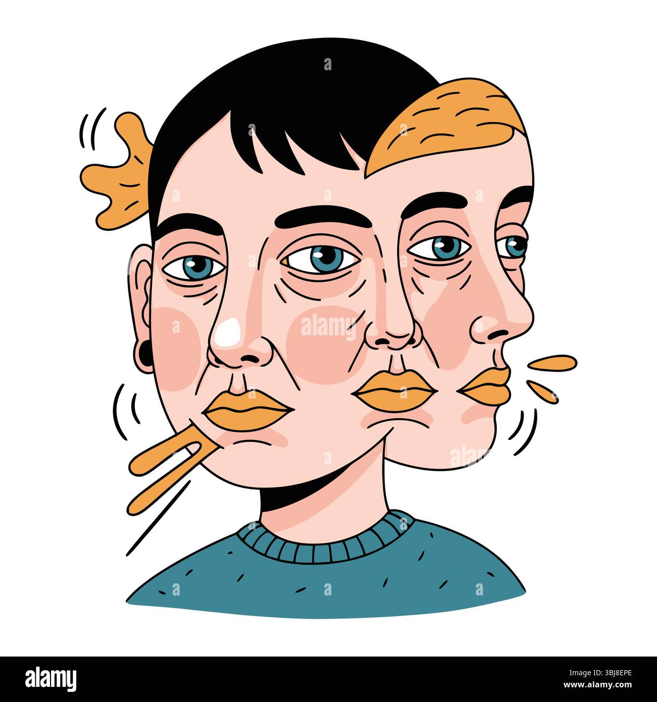 A surreal cartoon portrait of a person with three faces, black hair ...