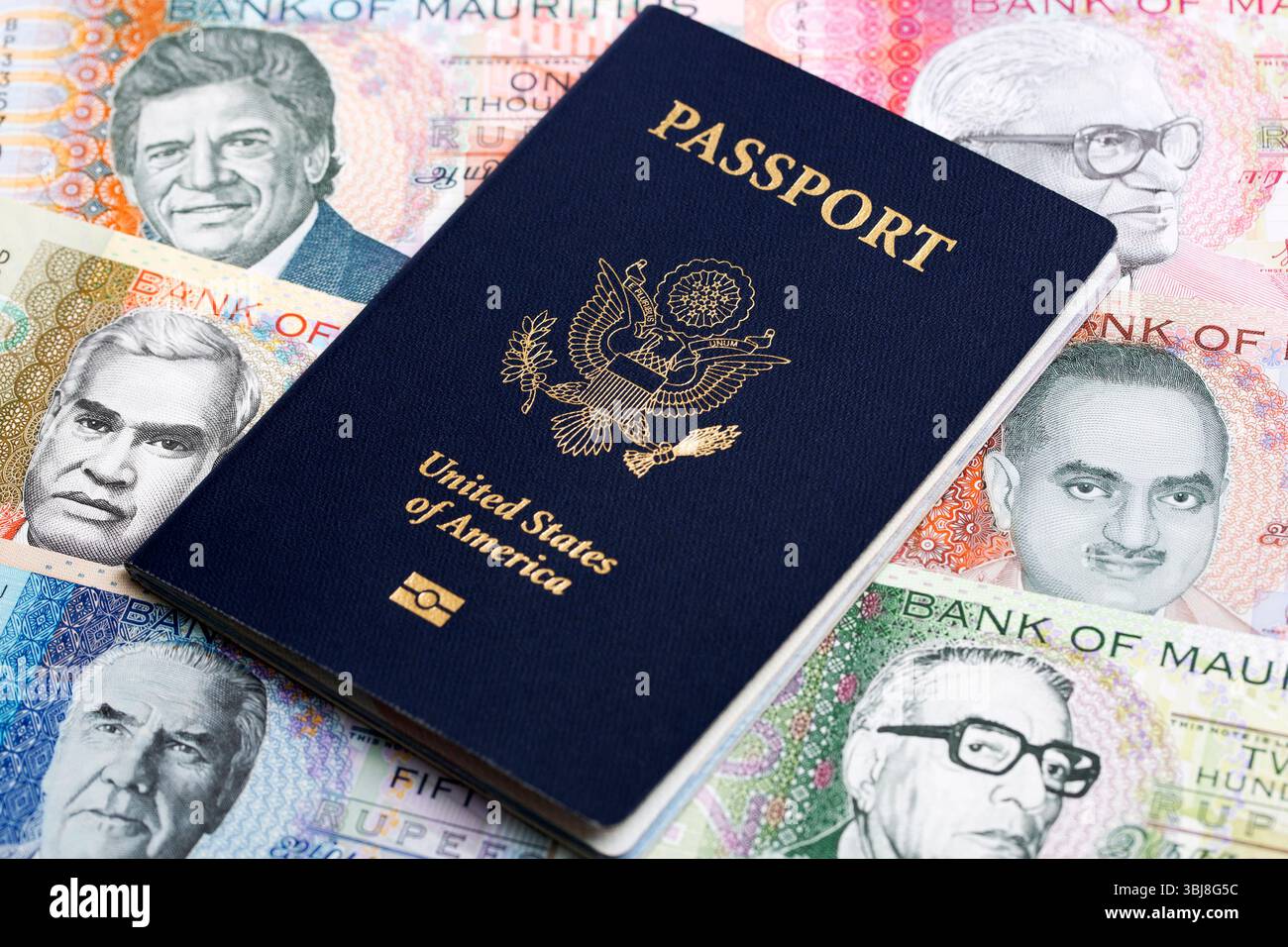 American passport on Mauritian money - rupee Stock Photo - Alamy