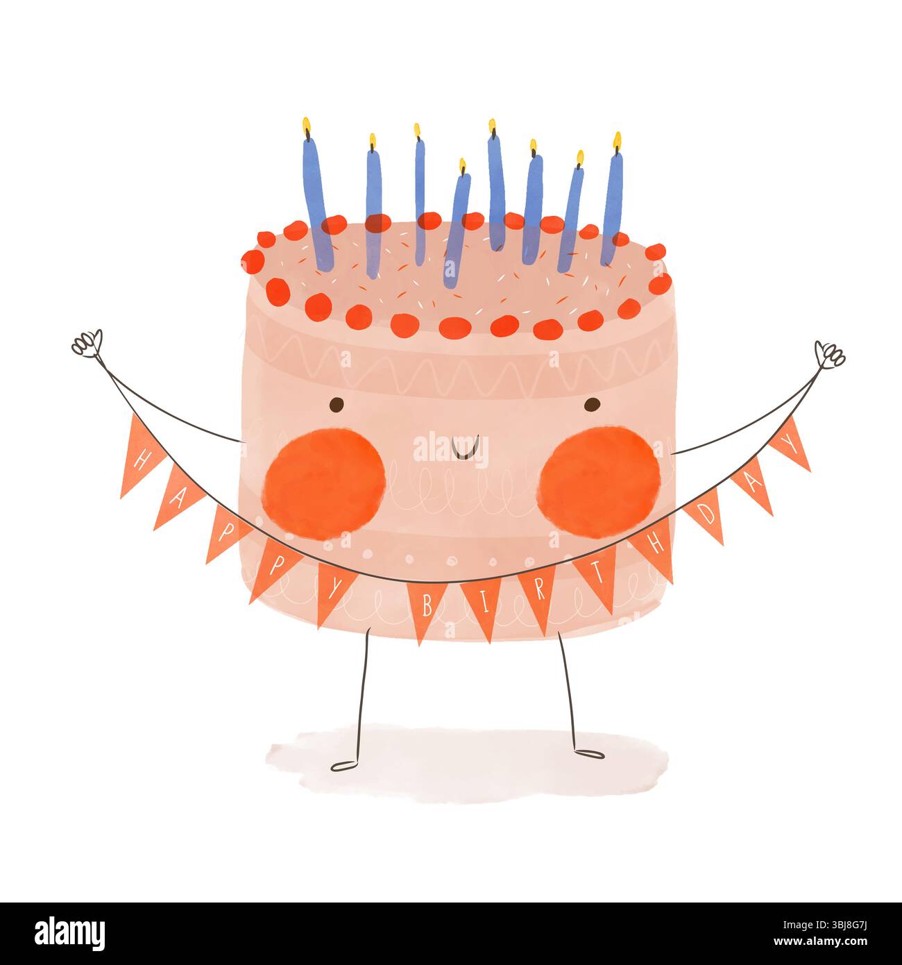 Pink Smiling Birthday Cake With Blue Candles. Cute Hand Drawn Hand ...
