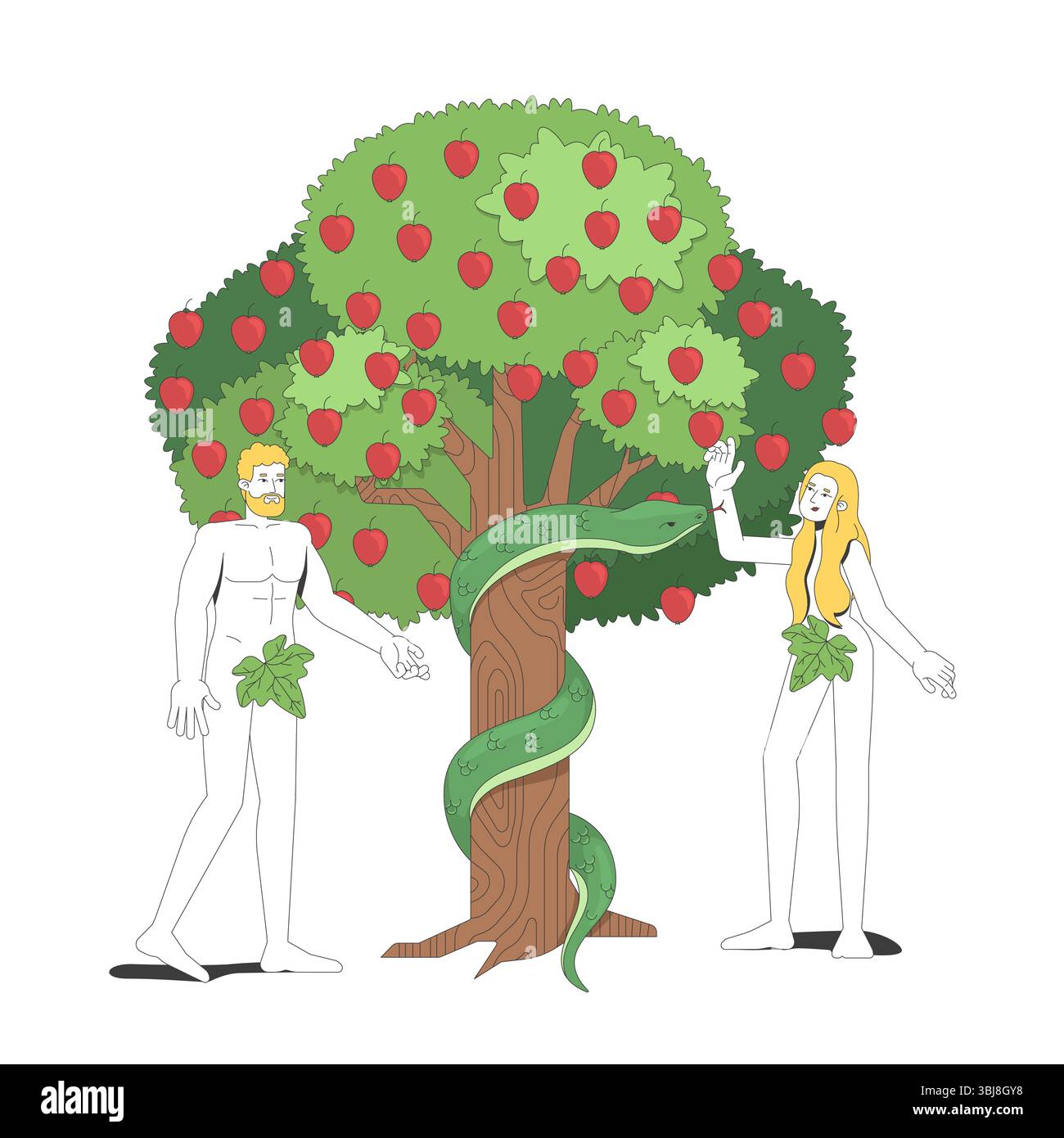 Adam and Eve with serpent at tree of knowledge 2D cartoon bible ...
