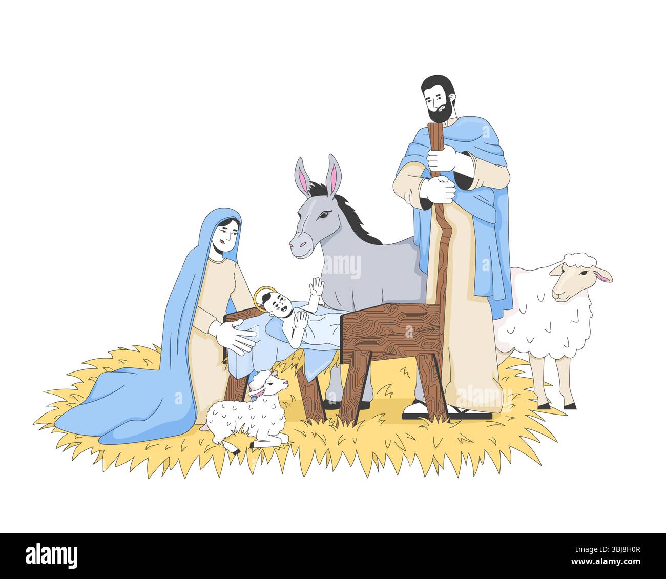 Nativity with baby Jesus and family 2D cartoon bible characters Stock ...