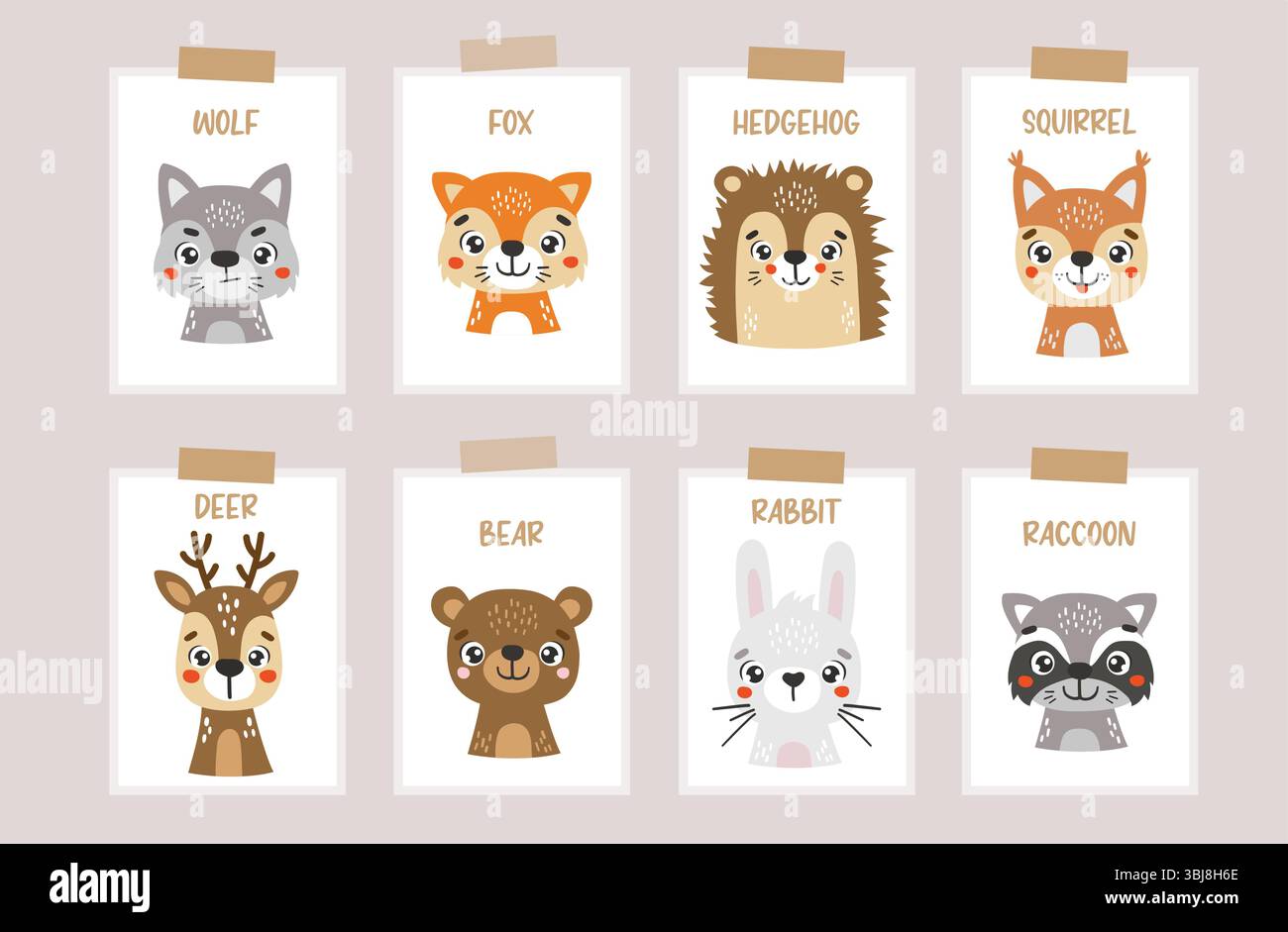 Forest animals isolated, cute animals, kids posters, cartoon, cards for ...