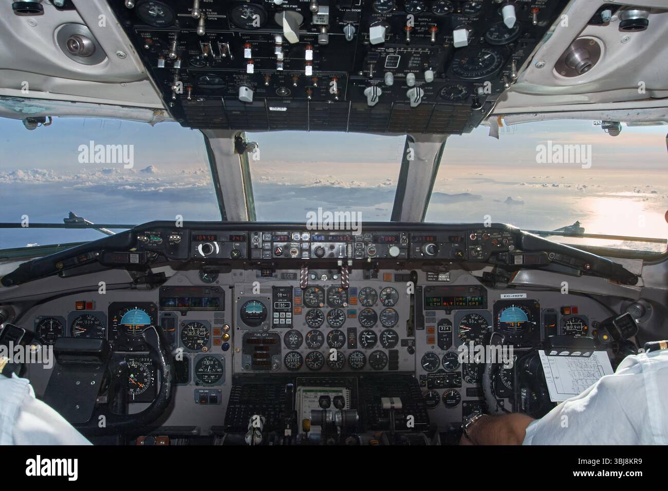 Capturing the scene of pilots navigating an airplane cockpit, soaring ...