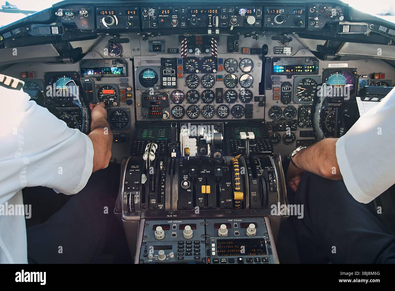 Two pilots are controlling the aircraft from the cockpit during a ...