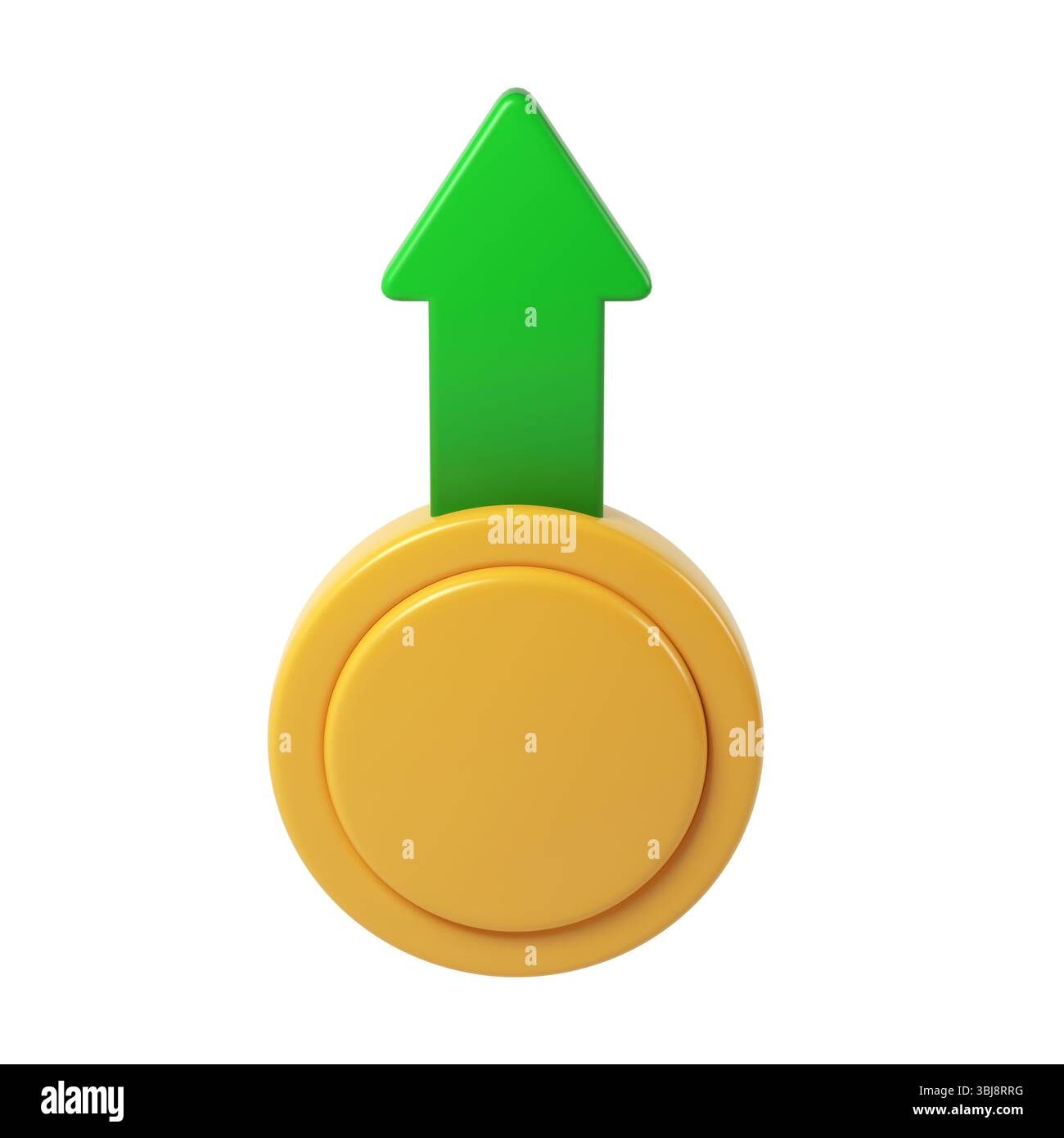 3d render icon Gold cryptocurrency coin rising with green upward arrow ...