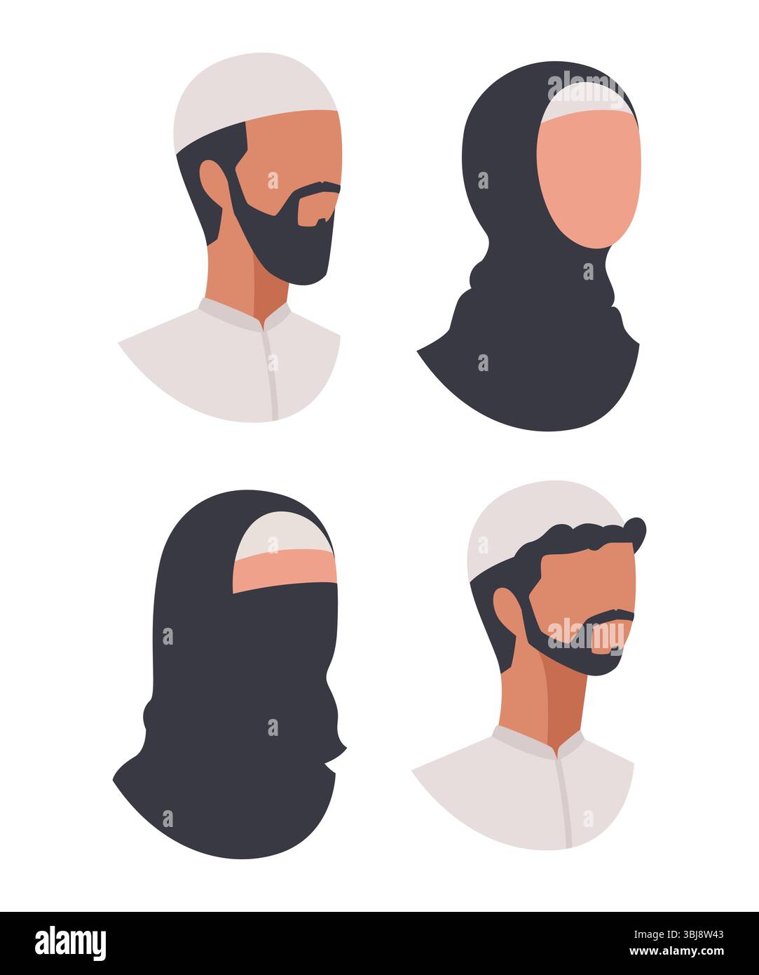 Set of side view faceless Muslim heads flat illustration isolated on ...