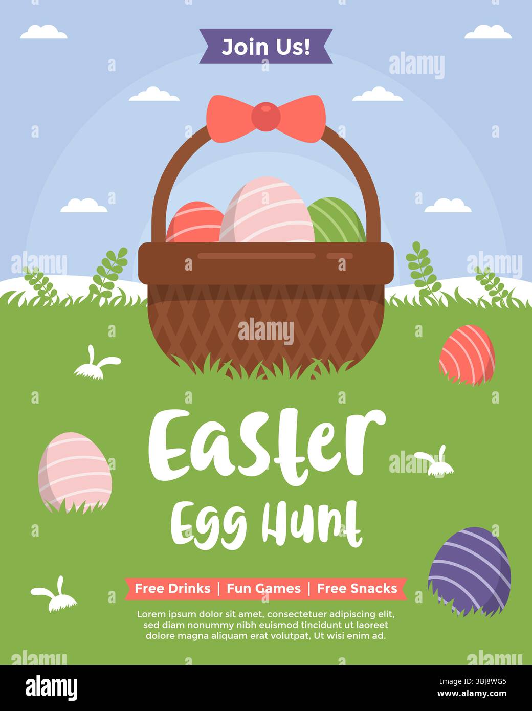 Easter egg hunt poster template with a basket of eggs in the garden ...