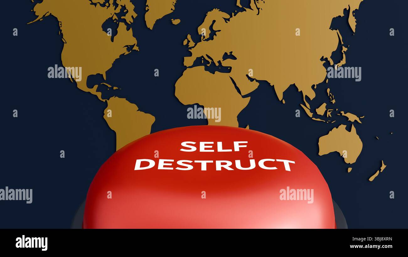 A 3d rendering of red "SELF DESTRUCT" button positioned on a stylized ...