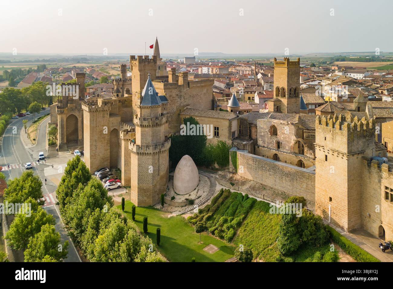 Aerial view of the Royal Palace of Olite in Navarre province, northern ...