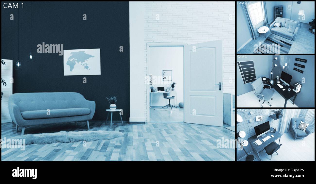 CCTV system. Surveillance camera views from different rooms, collage ...