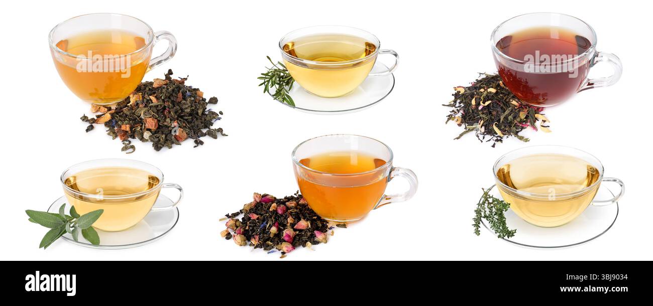 Herbal tea in glass cups isolated on white, collage Stock Photo - Alamy