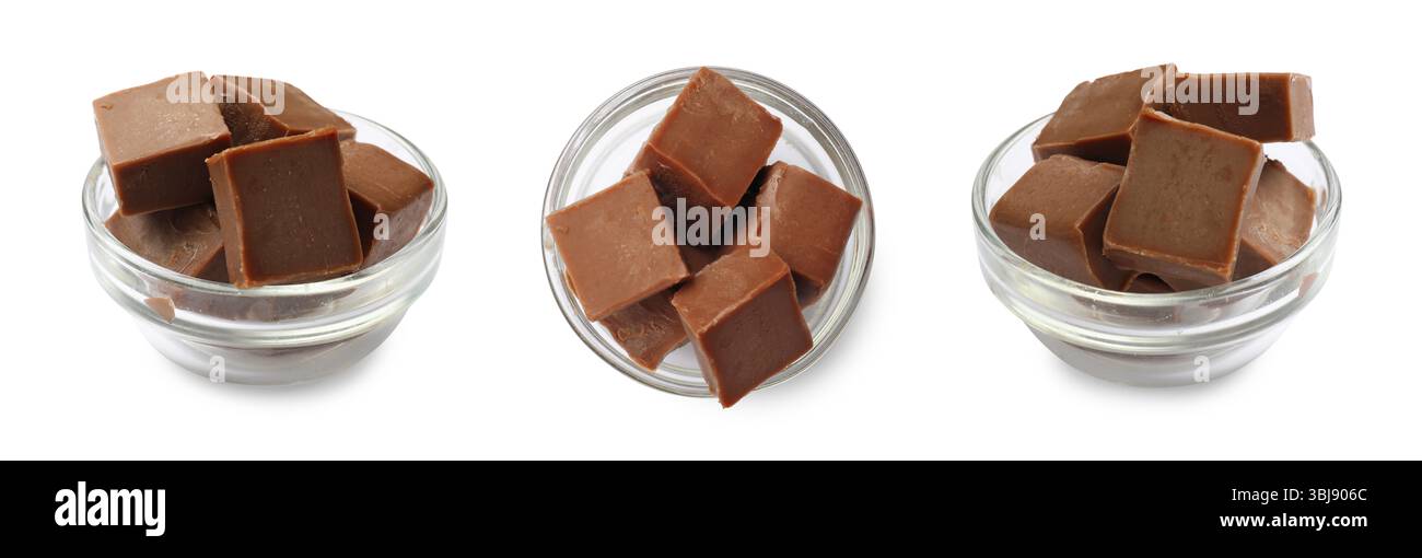 Chocolate butter cubes in bowl isolated on white, collage Stock Photo ...