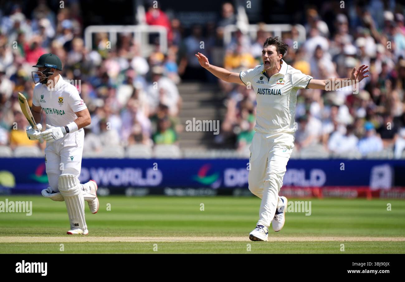 Australia's Pat Cummins appeals unsuccessfully for the wicket of South ...