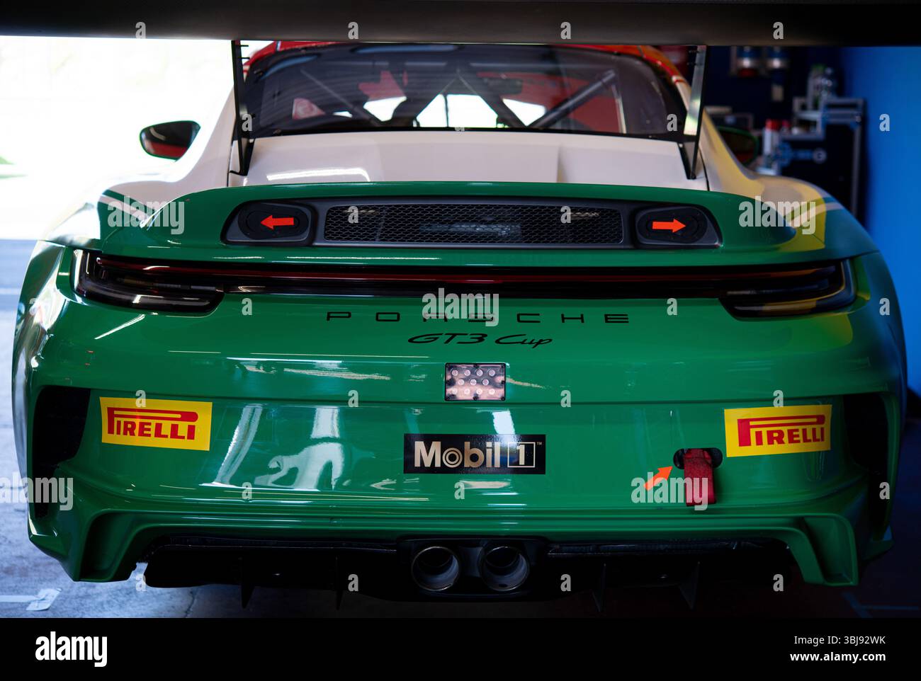 Racing car Porsche 992 GT3 Cup rear view ln circuit box. Vallelunga ...