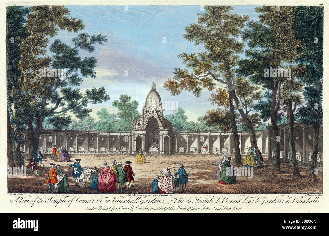 A watercolour print hand coloured garden engraving view of the temple ...
