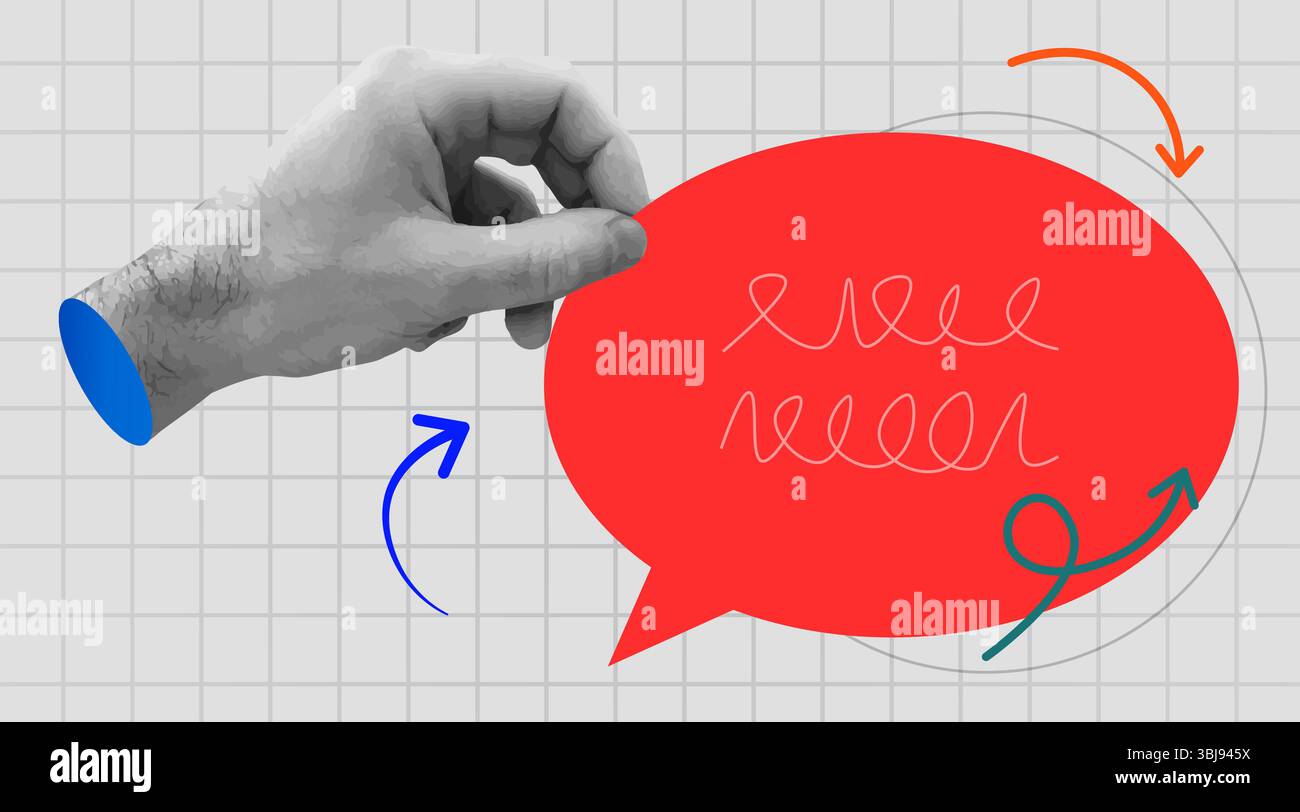 Retro collage. Hand hold a chat bubble. Communication concept. Vector ...