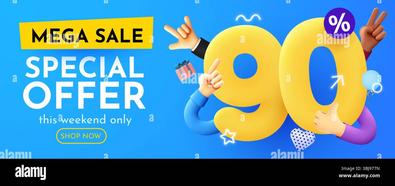 90 percent Off. Discount creative composition. Product presentation ...