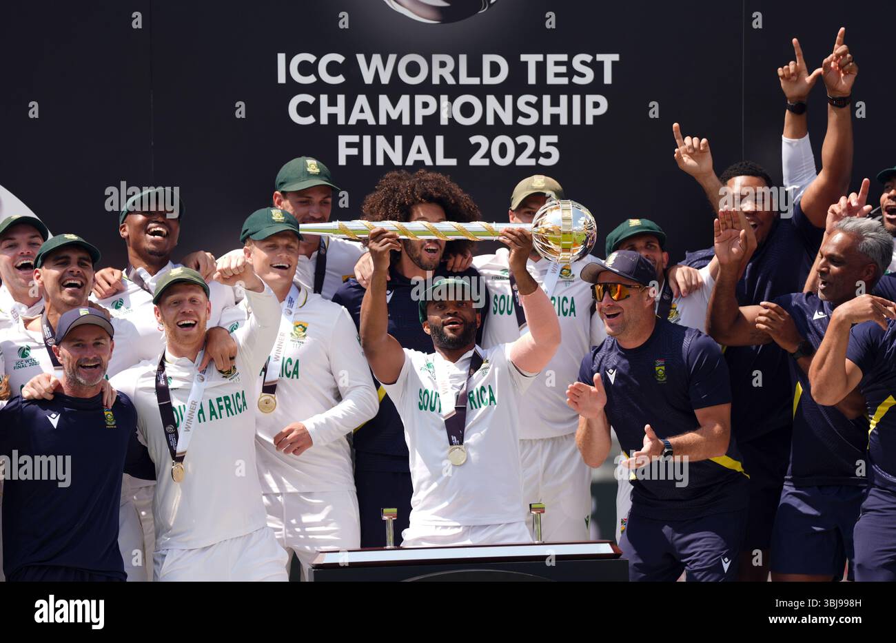 South Africa captain Temba Bavuma (centre) with the ICC World Test ...