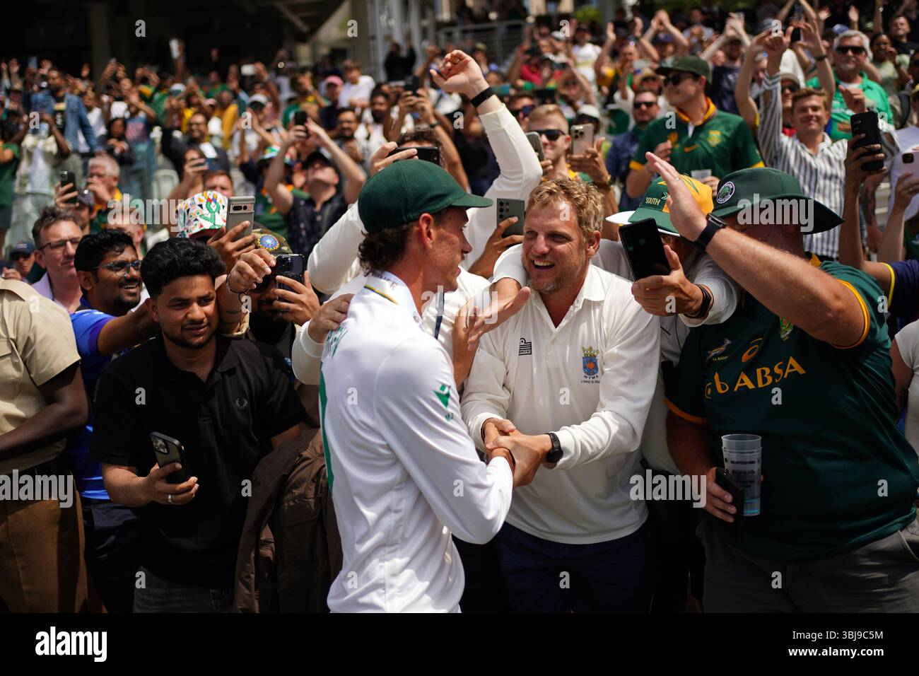 South Africa’s Marco Jansen celebrates with fans after day four of the ...