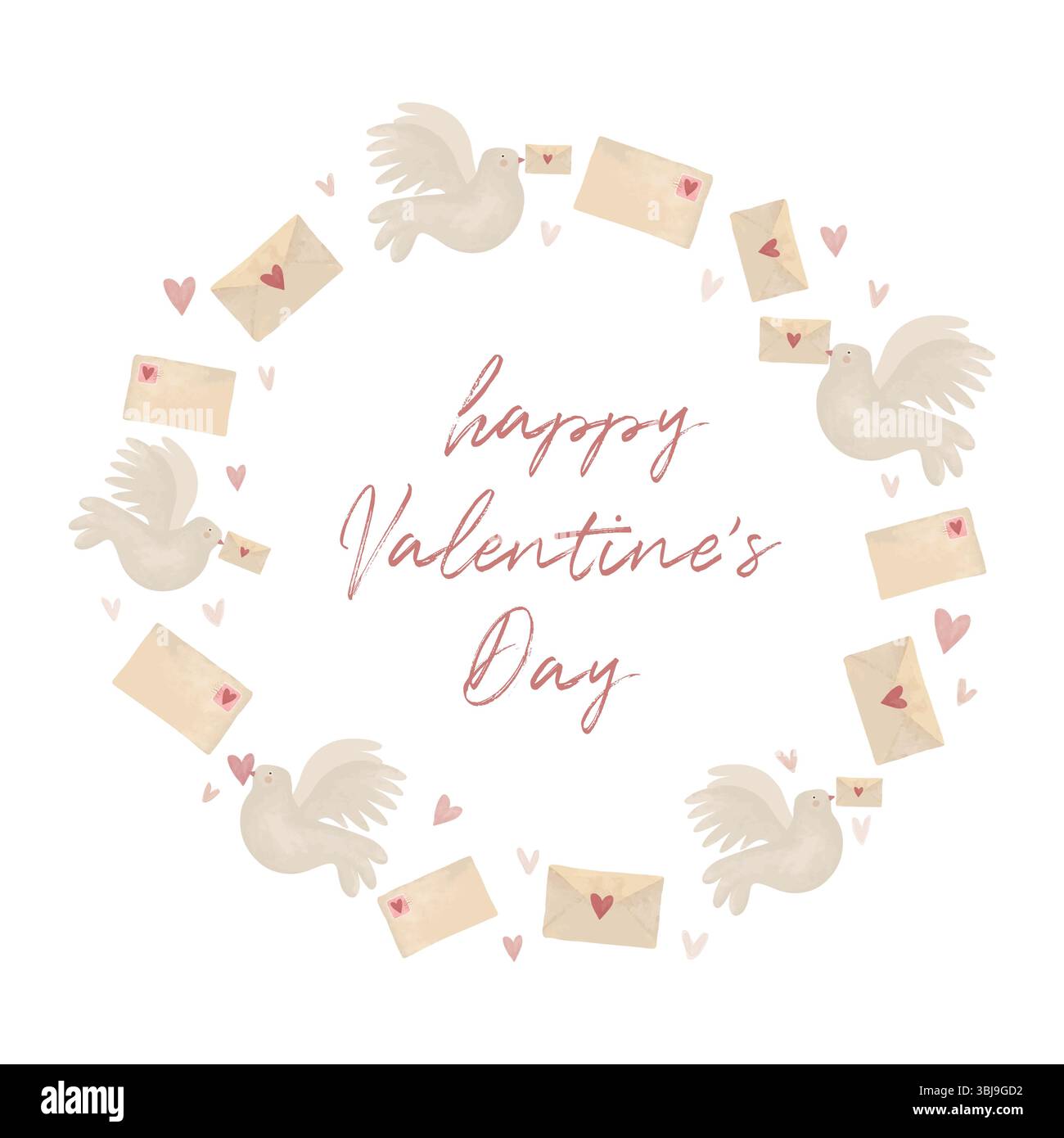 Happy Valentine's Day.Cute Valentine Card with Flying Doves Holding a ...