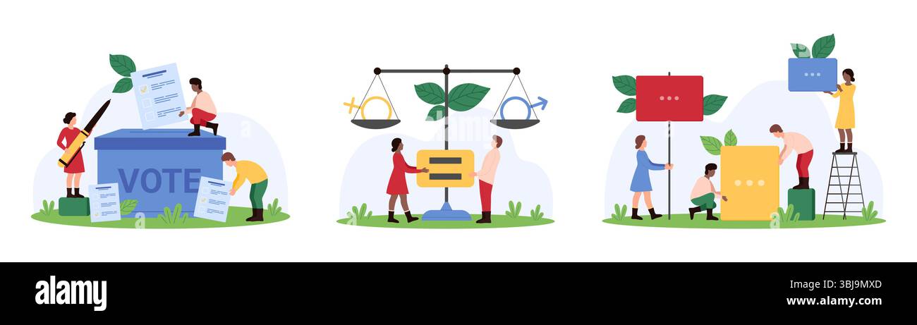 Human rights, equality set. Tiny people weigh male and female symbols ...