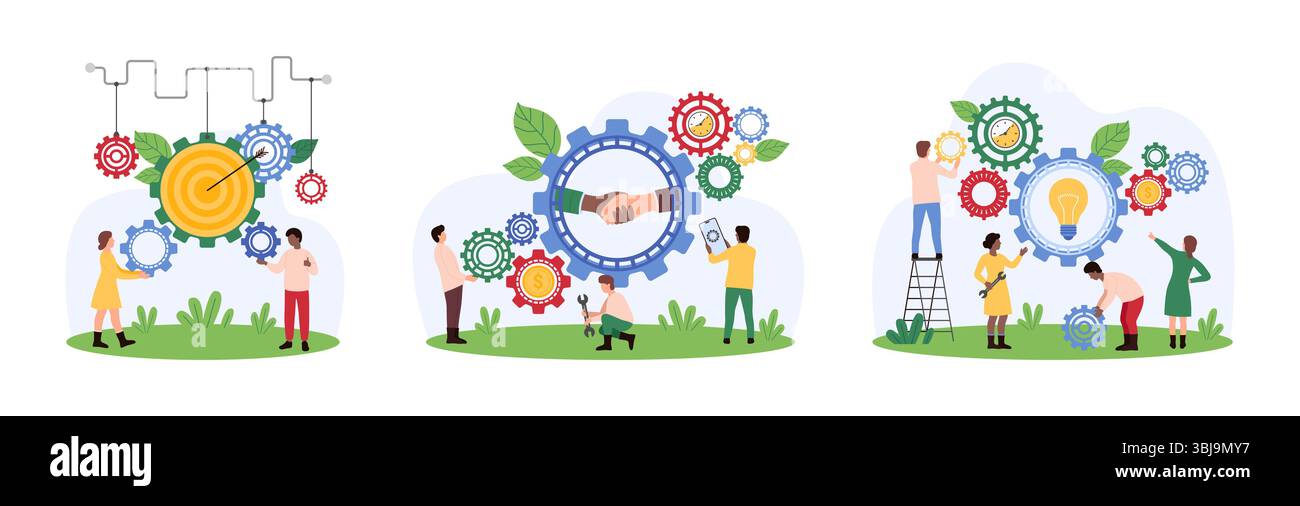 Productivity of teamwork, effective cooperation set. Tiny people ...