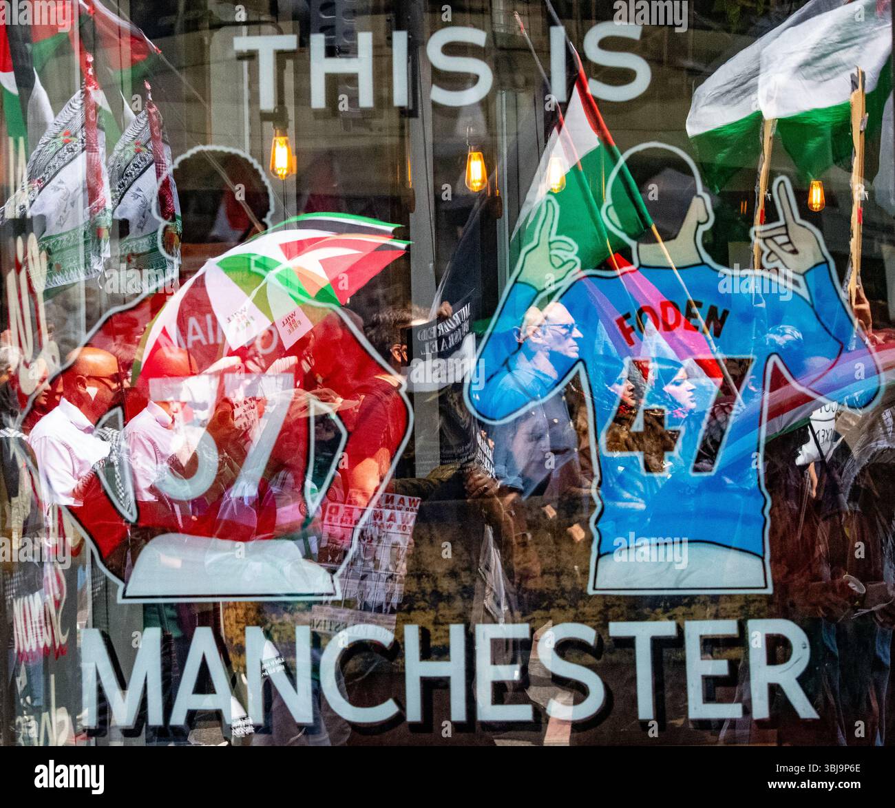 Reflection of Pro Palestine activists and anti war demonstrators in pub ...