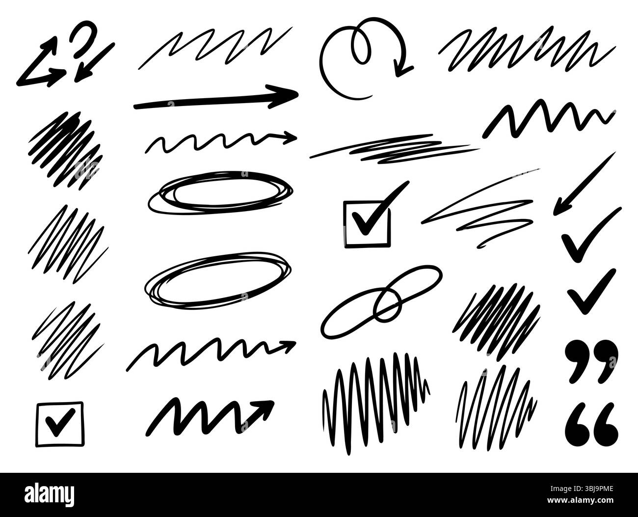 Hand-drawn marker doodle set with arrows, scribbles, check marks ...