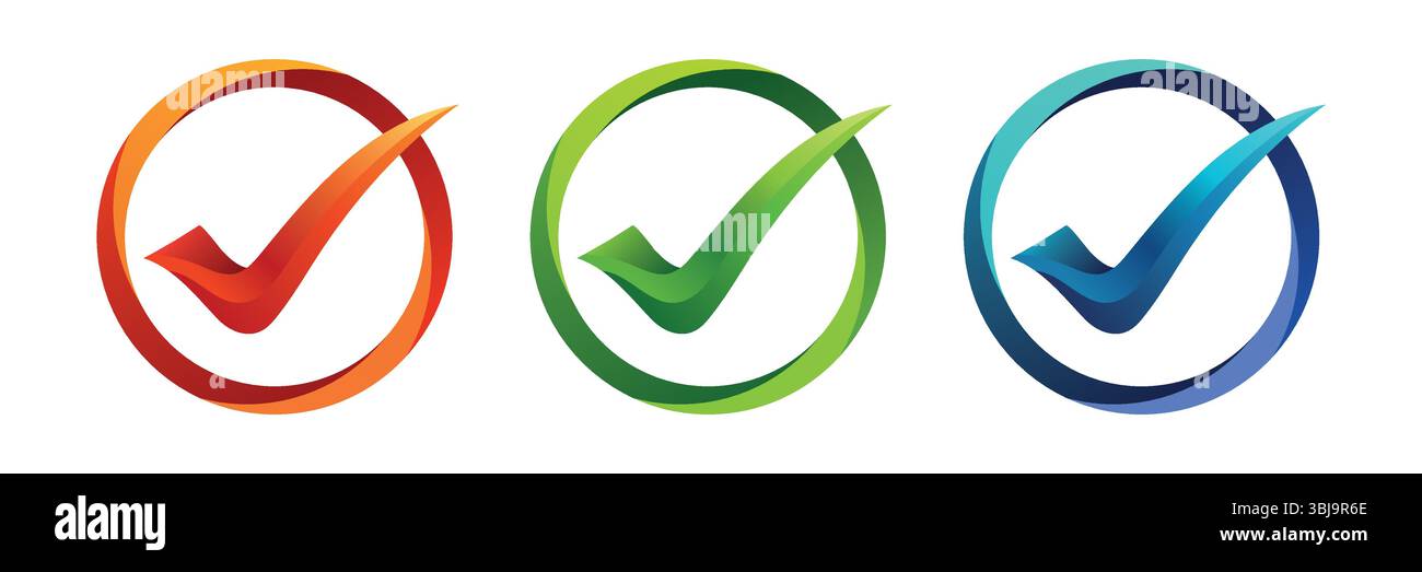 Set of three modern check mark logos in gradient orange, green and blue ...