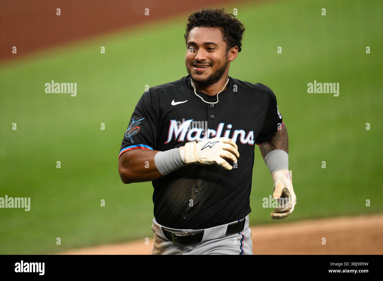 Miami Marlins' Dane Myers reacts during a baseball game against the ...