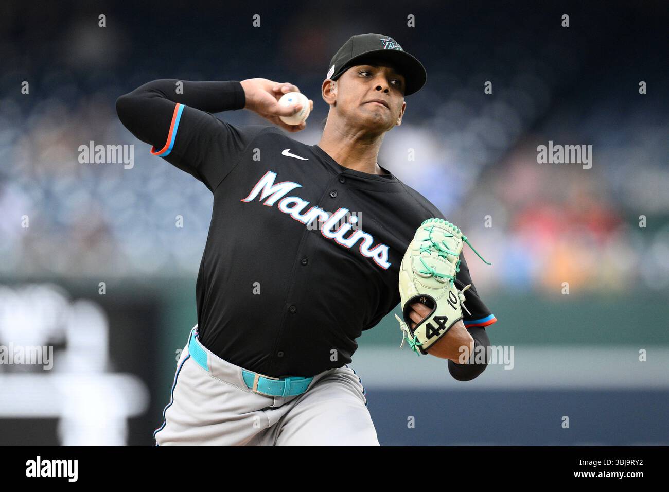 Miami Marlins starting pitcher Edward Cabrera (27) in action during a ...