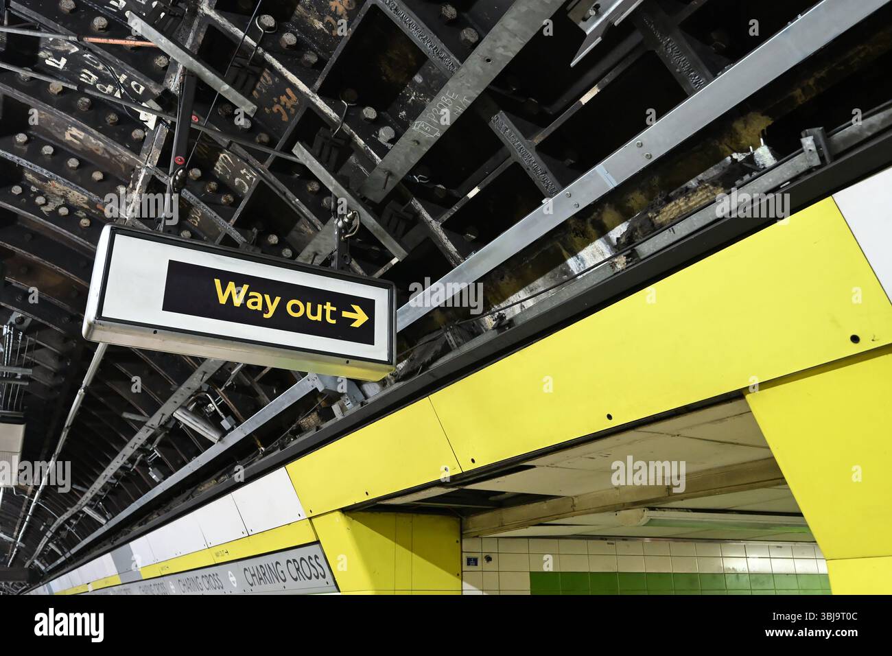 Way out exit sign in the disused section of Charing Cross tube station ...