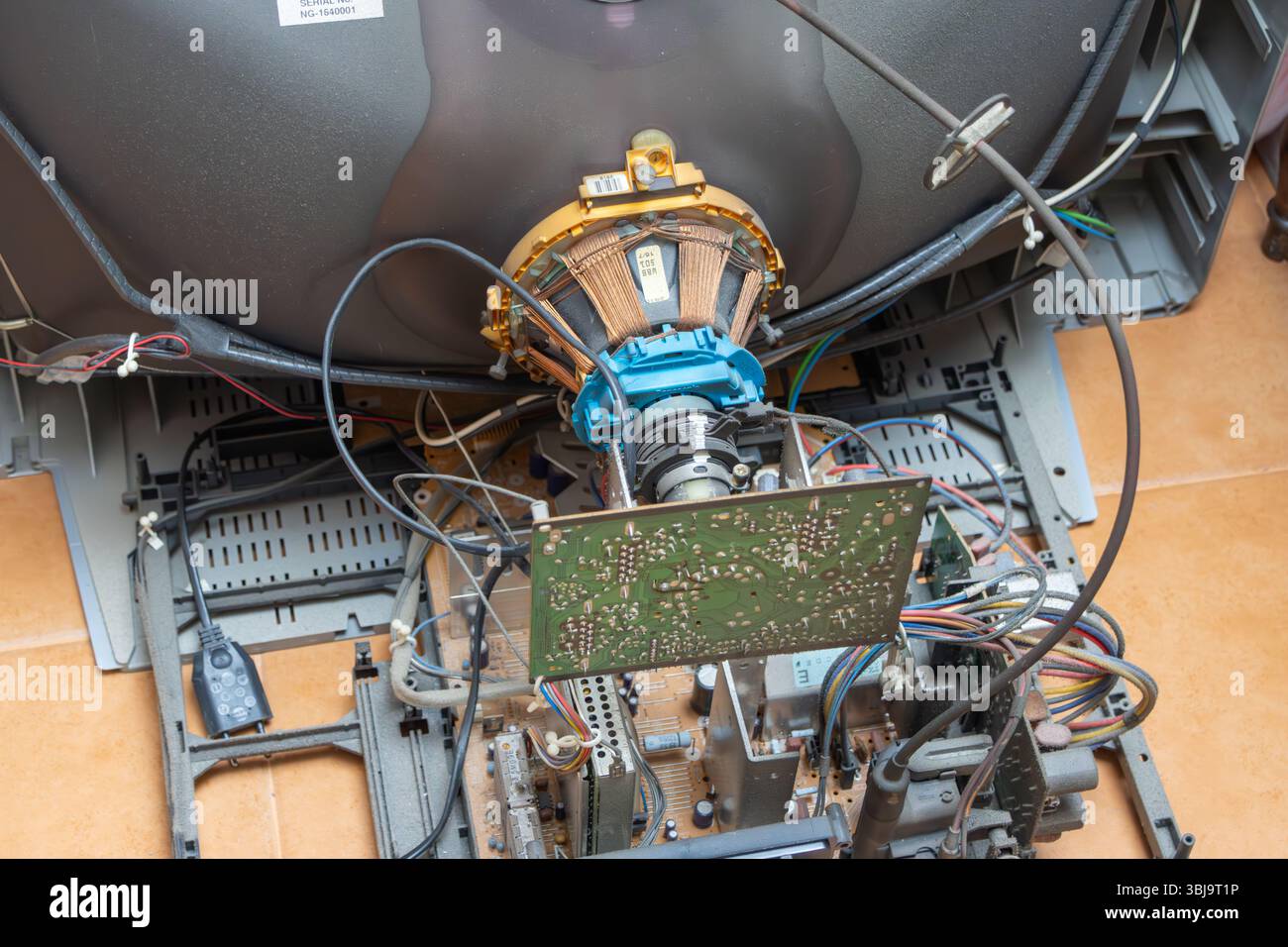 Close up of the internal components of a disassembled crt television ...