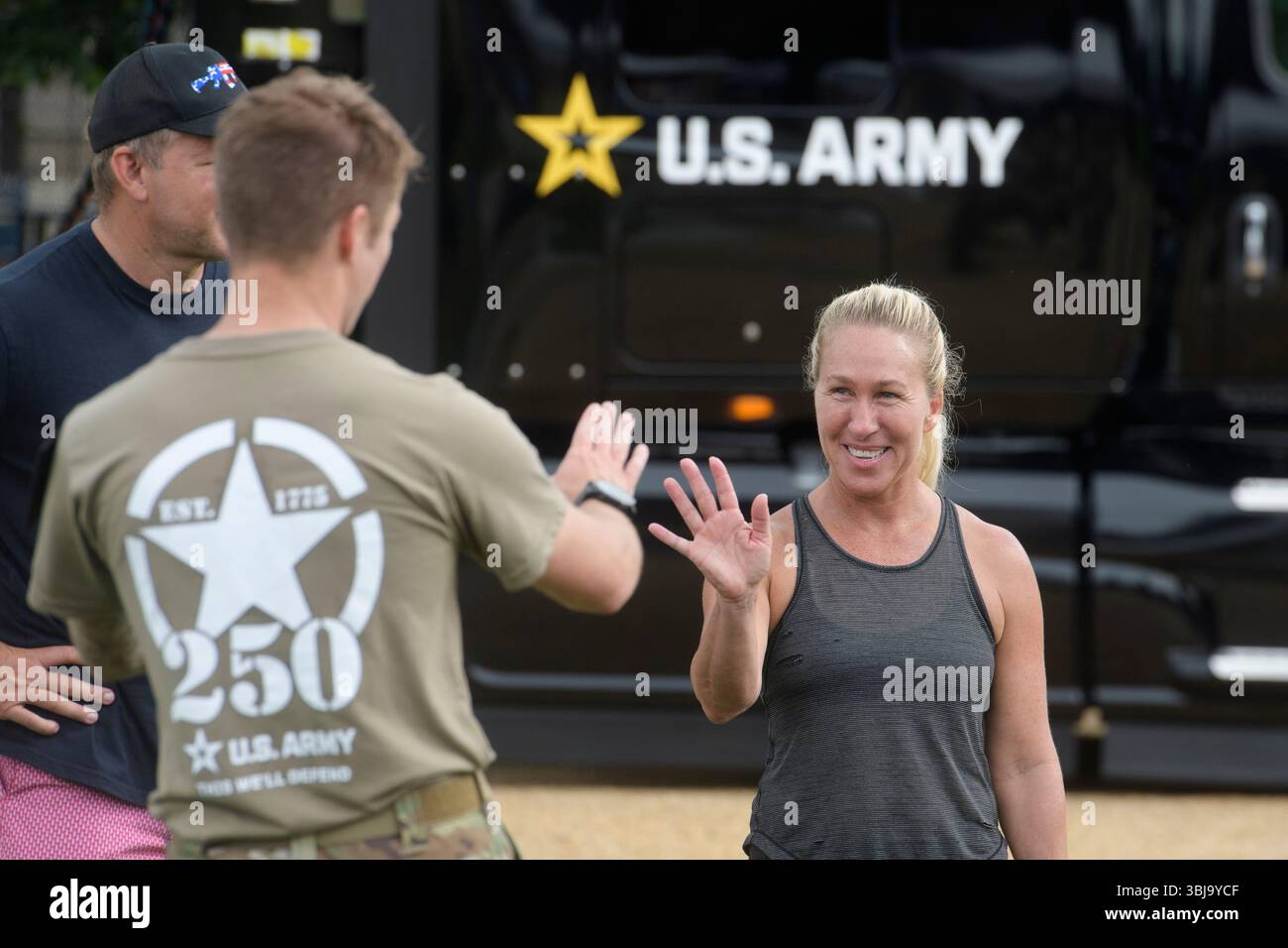 Rep. Marjorie Taylor-Greene, R-Ga., right, visits the Army fitness ...