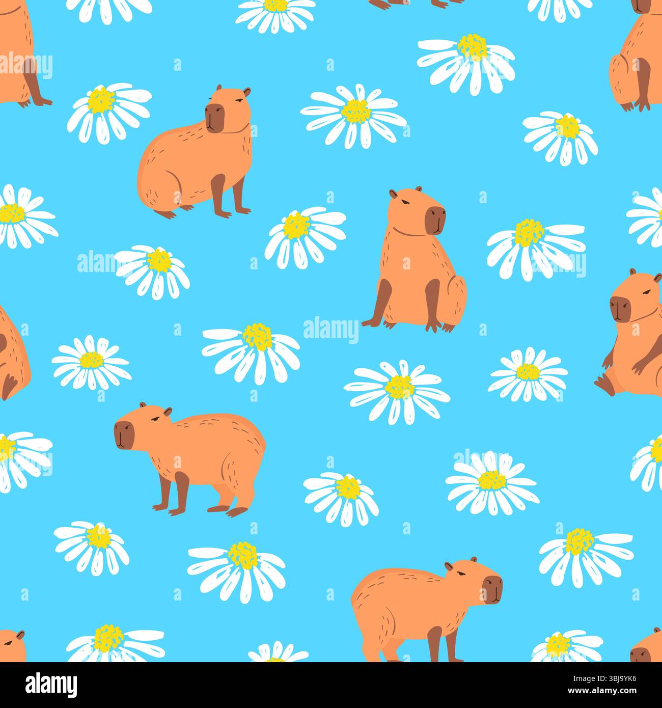 Cute capybaras and daisy flowers seamless pattern. Vector cartoon illustration Stock Vector ...