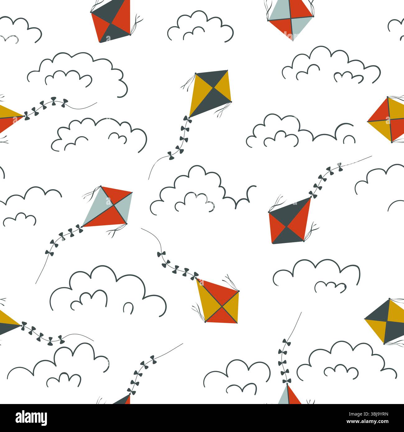 Flying kites seamless pattern. Childish summer print. Vector hand drawn ...