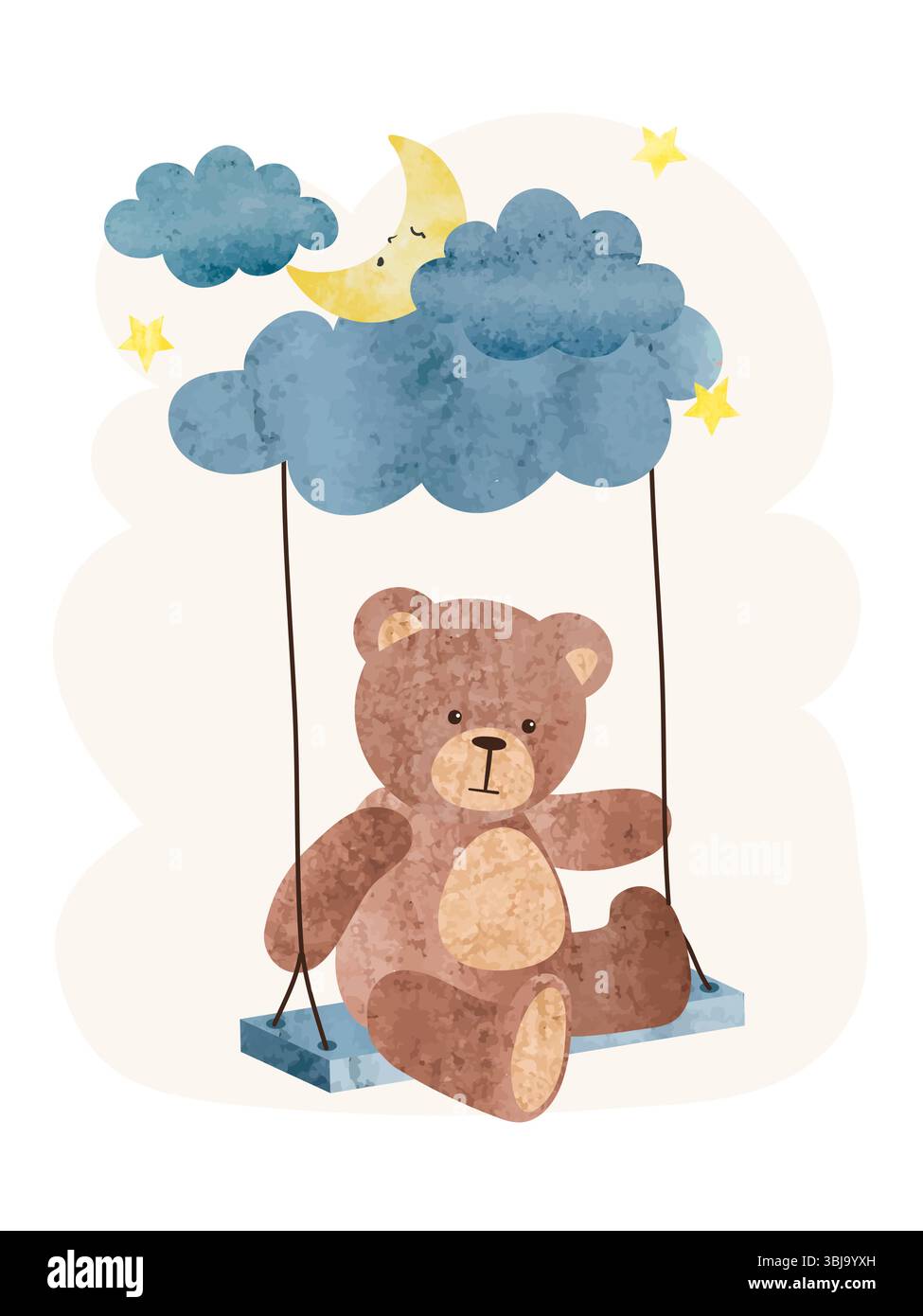 Cute teddy bear on swing with moon and clouds. Vector watercolor ...