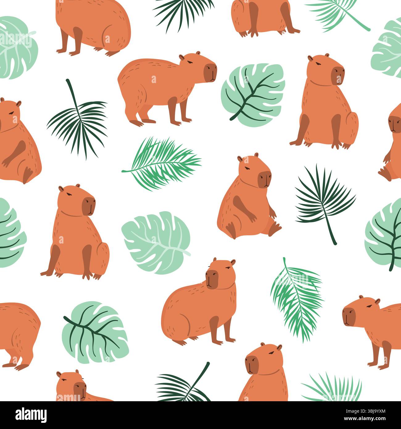 Cute capybara and tropical leaves seamless pattern. Vector cartoon ...