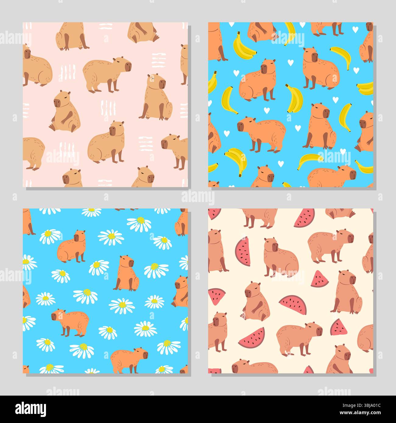 Cute capybara seamless patterns. Vector set of cartoon capibara animal prints Stock Vector Image ...